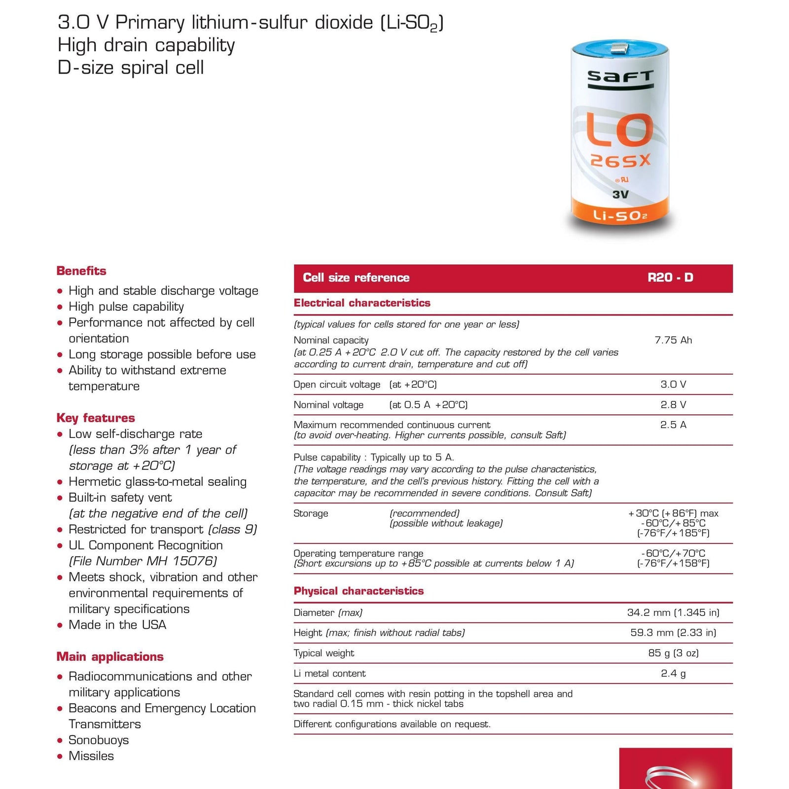Saft LO26SX Lithium Battery D 7.75 Ah 2.8 V Li-SO2 Cylindrical Cell