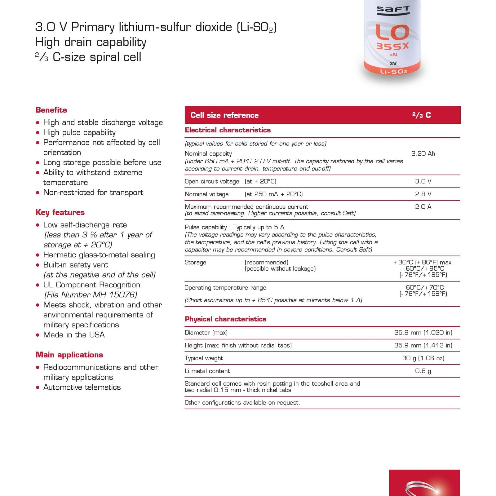 Saft LO35SX STS Lithium Battery 2/3 C 2.2 Ah 2.8 V Li-SO2 Cylindrical Cell